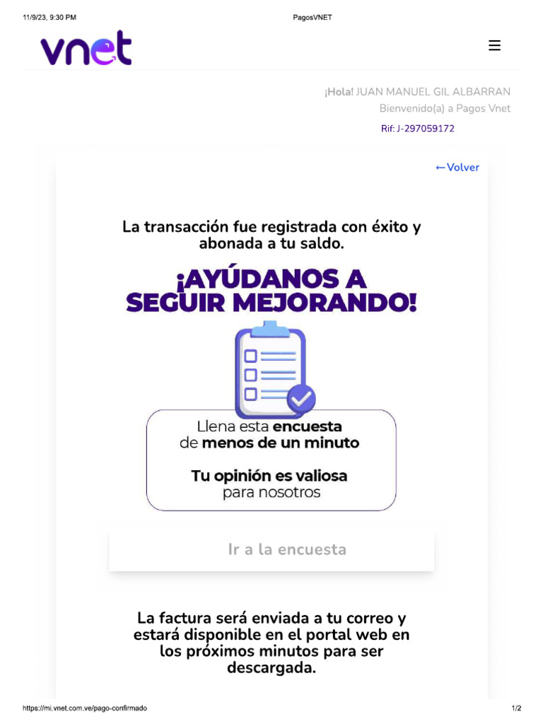 Pago Vnet Octubre y Noviembre 2023 | PDF
