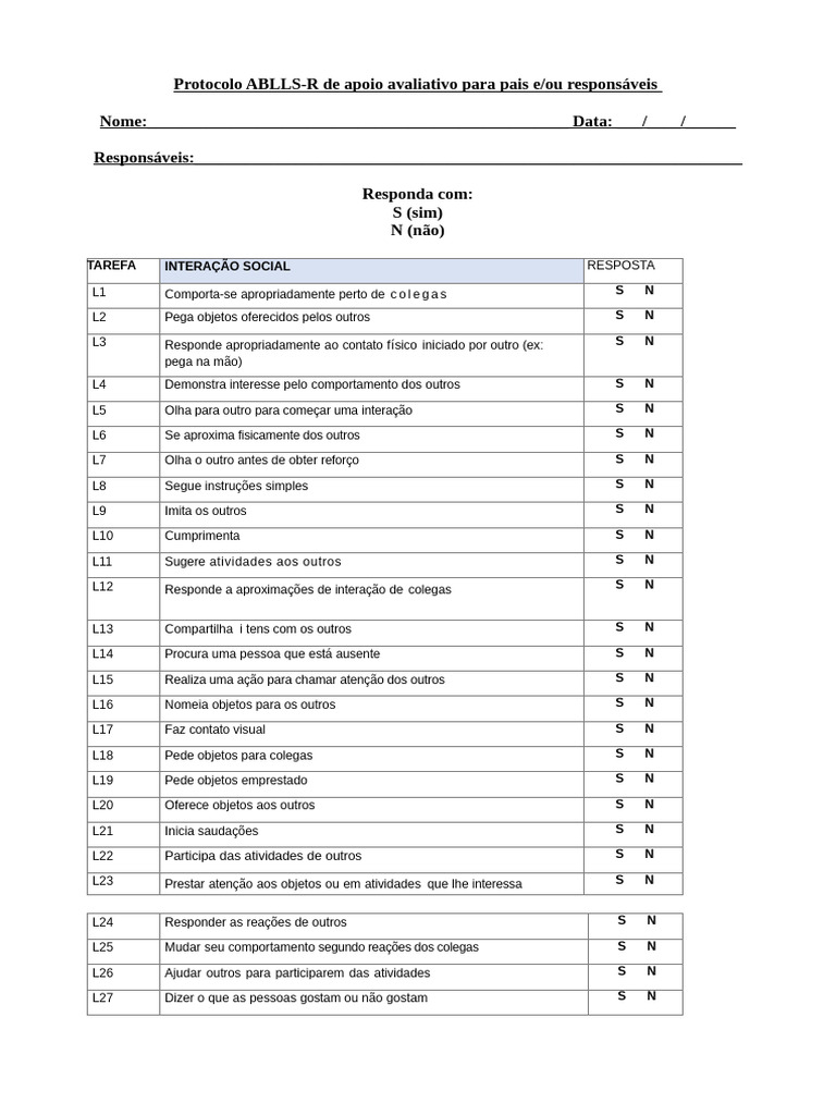 Protocolo ABLLS - R de Apoio Avaliativo para Pais e - Ou Responsáveis | PDF