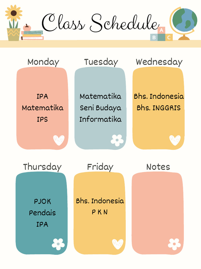 Class Schedule in Blue Pink and Yellow Cute Style | PDF