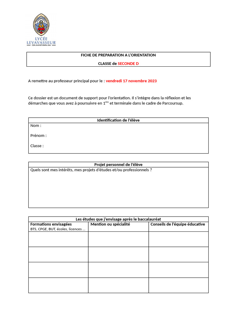 Fiche de Preparation Orientation en 1ere | PDF