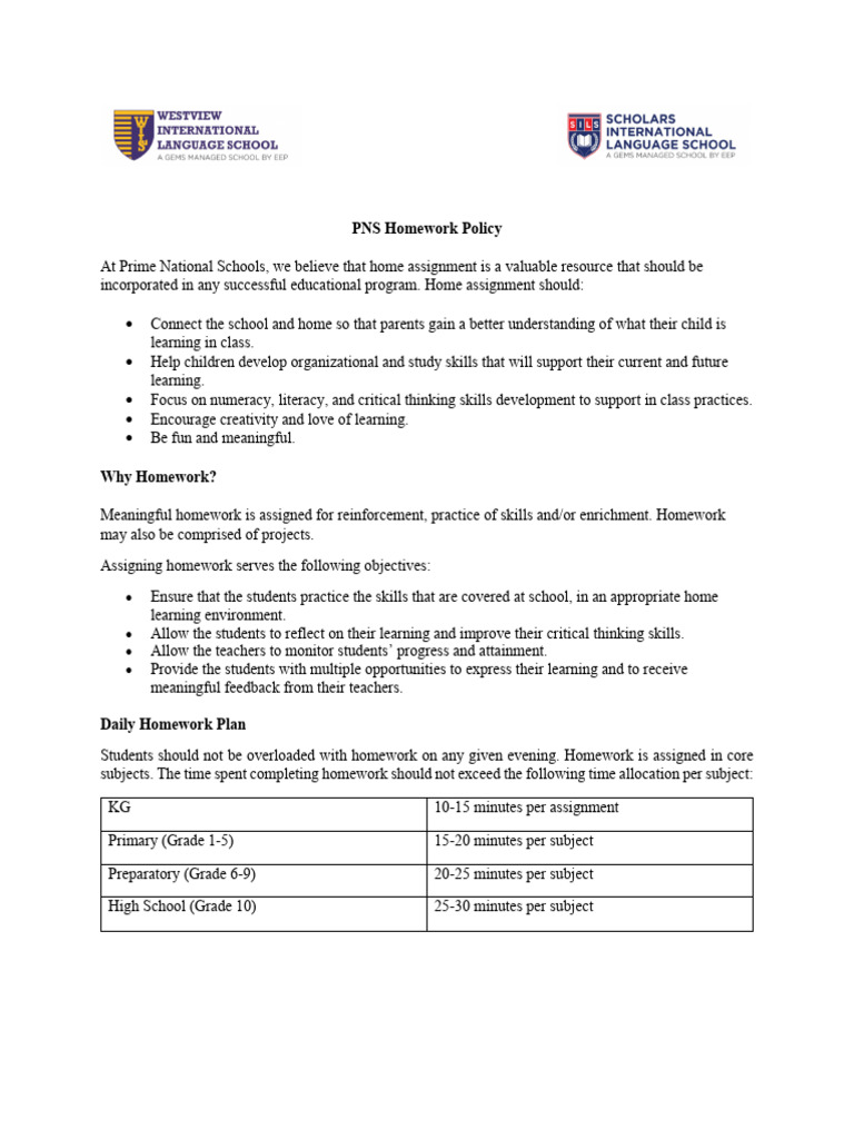 PNS Homework Policy | PDF