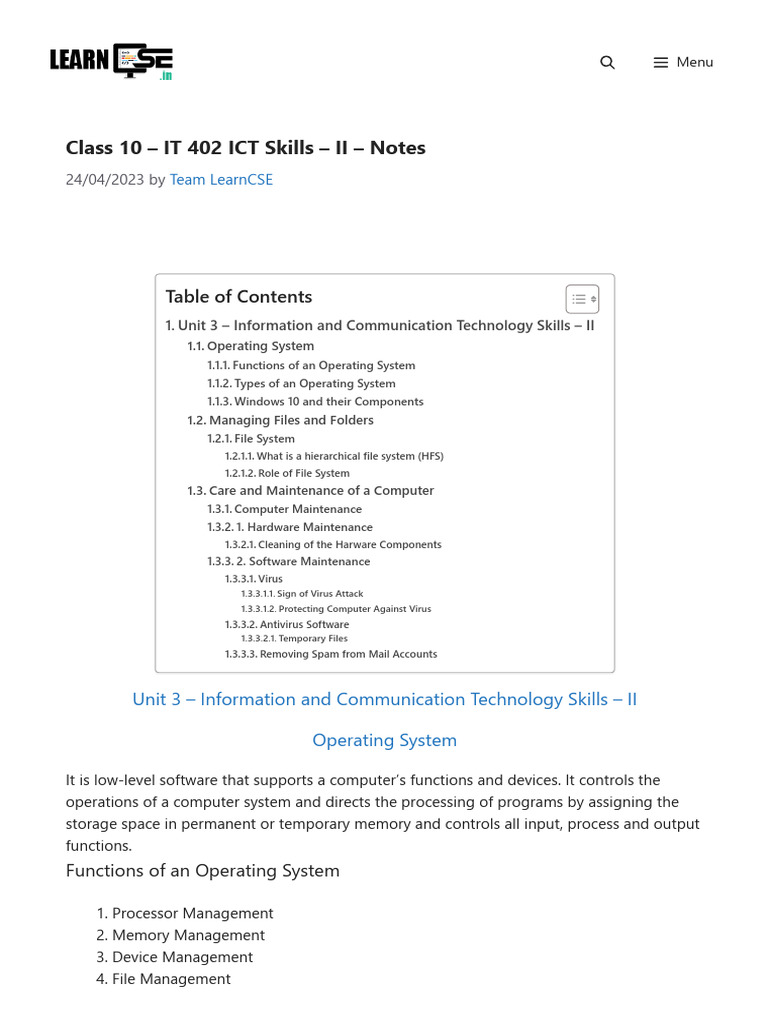 Class 10 - It 402 Ict Skills - Ii - Notes: Team Learncse | PDF ...