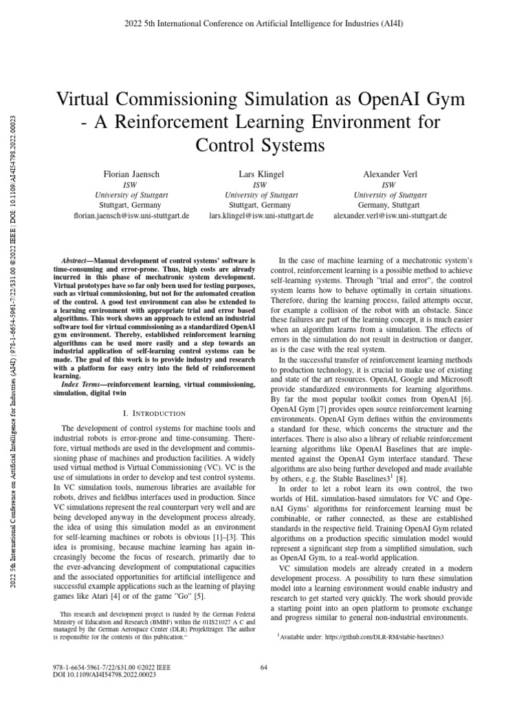 Virtual Commissioning Simulation As Openai Gym A Reinforcement Learning Environment For 