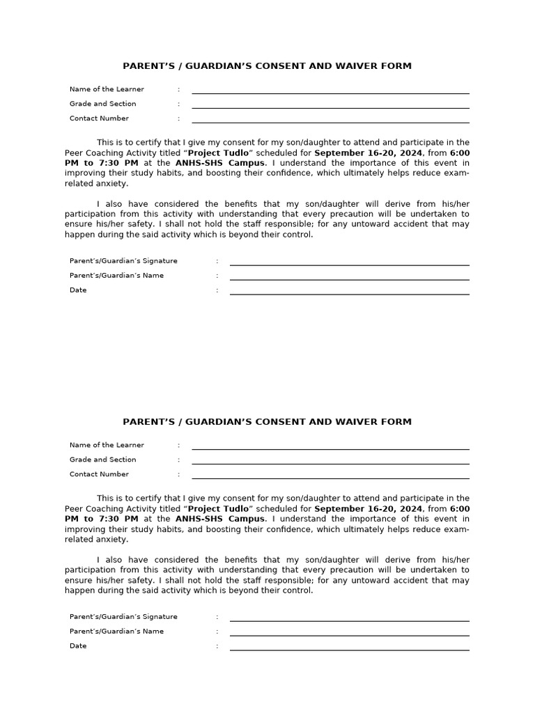 PCA Parents Guardians Consent and Waiver Form | PDF
