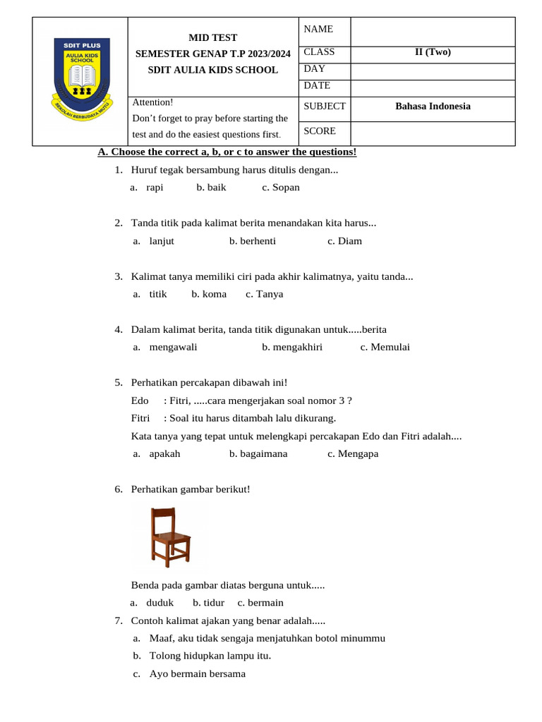 B. Indonesia Mid Test | PDF