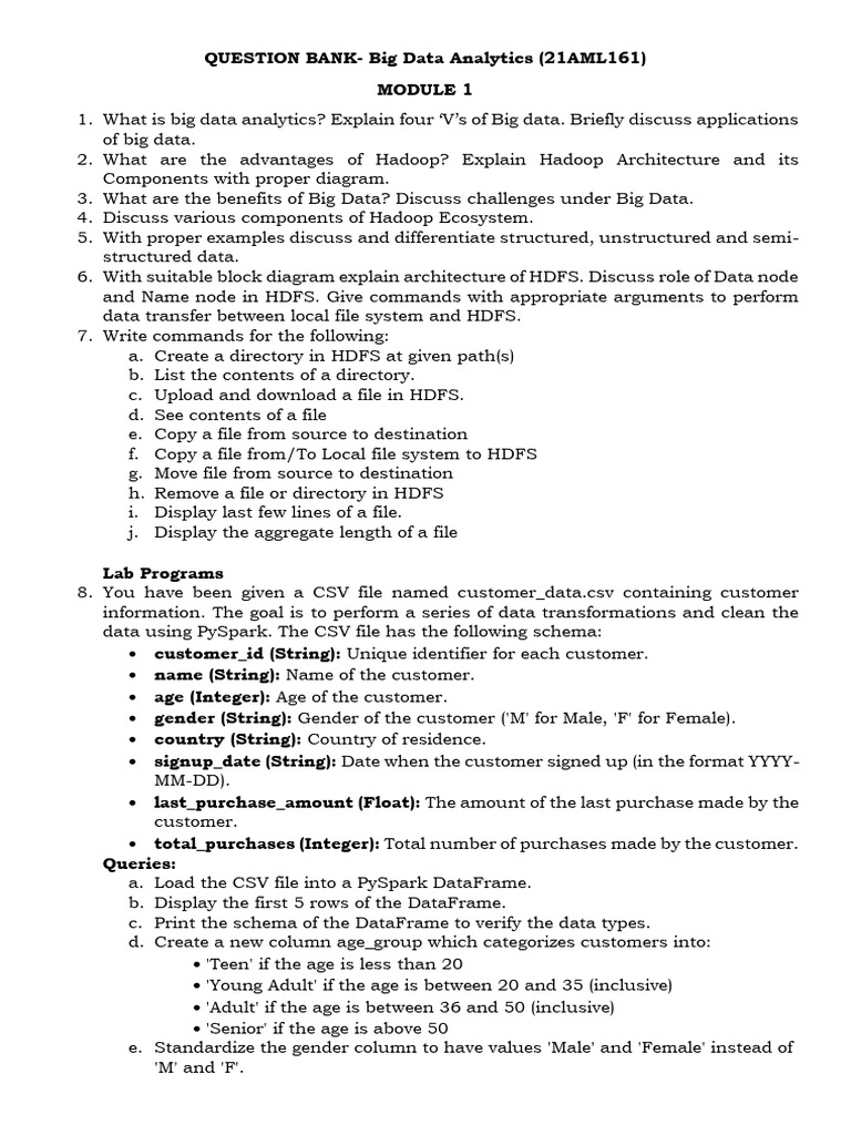 Big Data Analytics Question Bank | PDF | Map Reduce | Apache Hadoop
