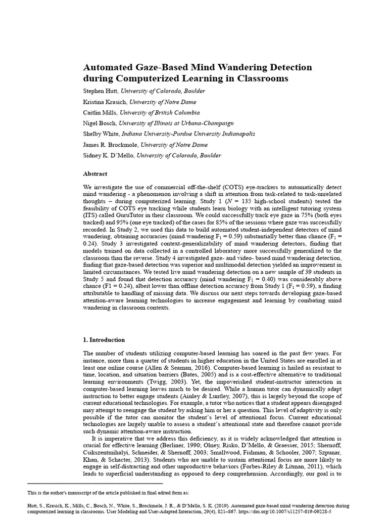 2019 Automated Gaze Based Mind Wandering Detection During Computerized Learning In Pdf