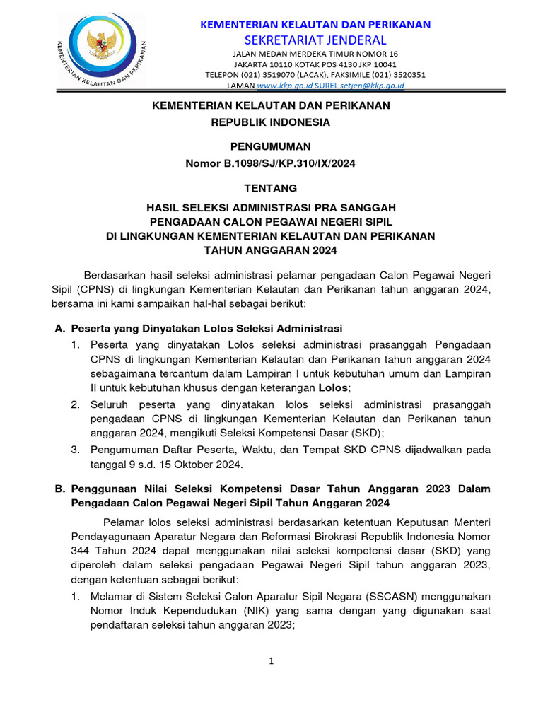 Pengumuman Hasil Seleksi Administrasi Pasca Sanggah Dalam Pengadaan CPNS KKP TA 2024 | PDF