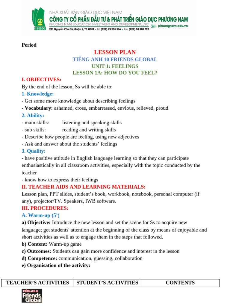 Lessonplan 1A | PDF | Lesson Plan | Vocabulary
