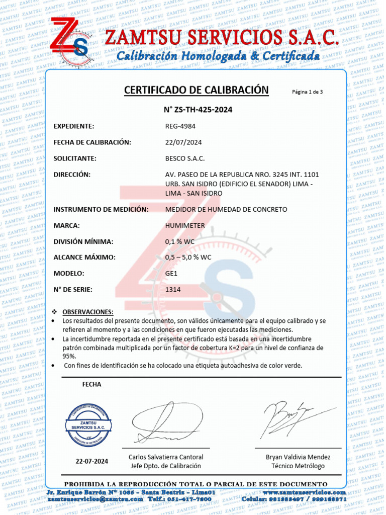 Cert Cal - ZS-TH-425-2024 | PDF