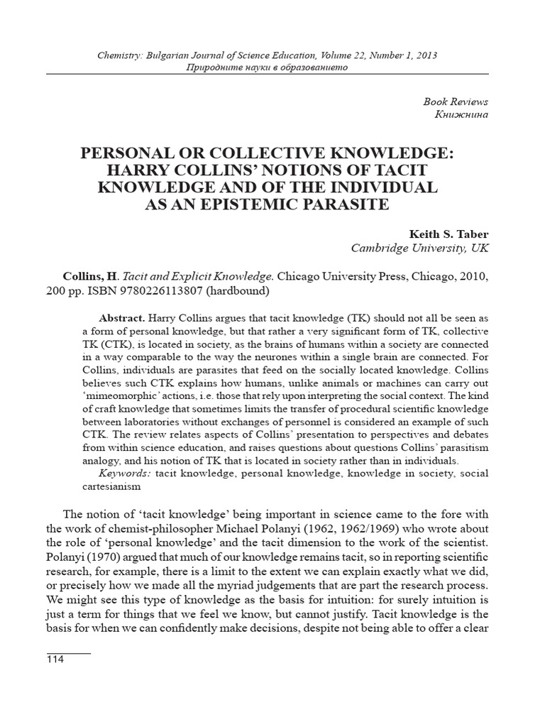 Taber 2013 Personal or Collective Knowledge | PDF | Knowledge | Neuron