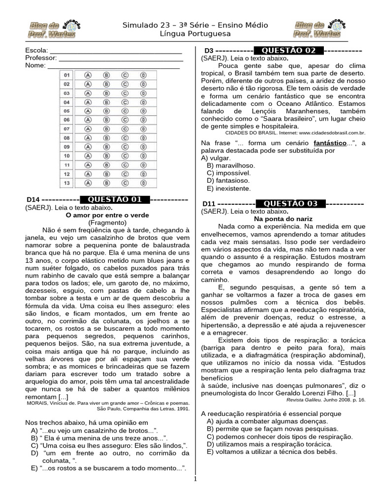 Simulado 23 - (Port. 3 Série E.M - Blog Do Prof. Warles) | PDF