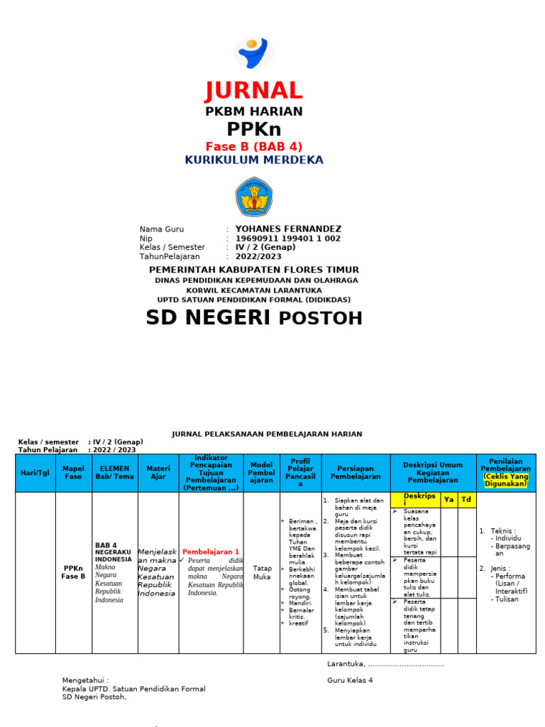 JURNAL HARIAN KURIKULUM MERDEKA MAPEL PPKN KELAS 4 BAB 4 | PDF