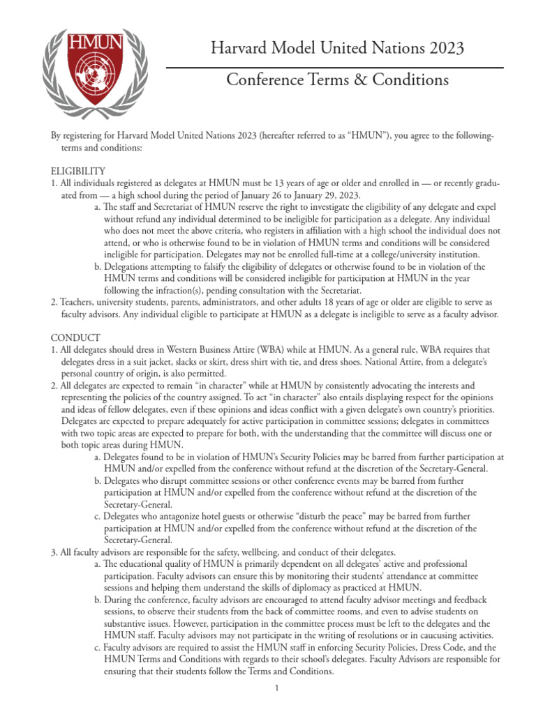 HMUN 2023 Terms and Conditions | PDF | Harassment | Business