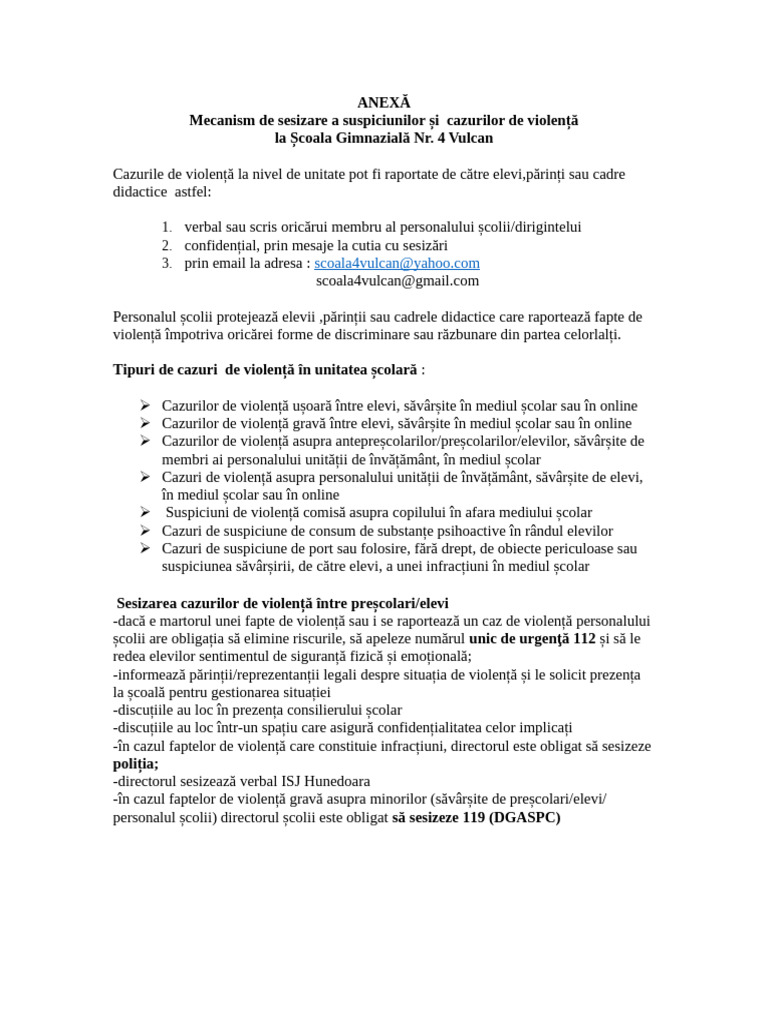 Mecanism de Sesizare A Suspiciunilor Și A Cazurilor de Violență | PDF