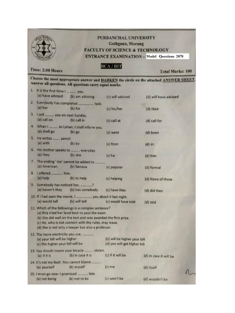 BCABIT Model Questions 2078 | PDF