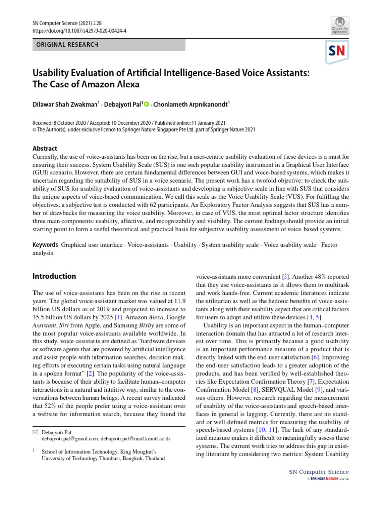 Usability Evaluation of Artificial Intelligence Based Voice Assistants: The Case of Amazon Alexa ...