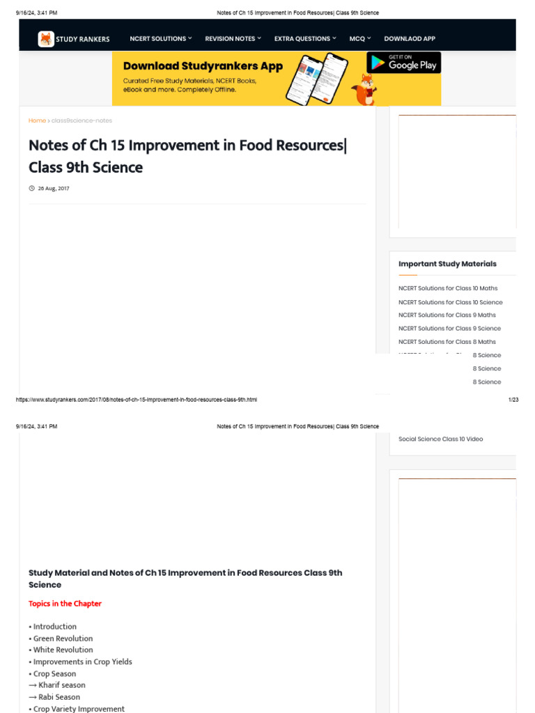 Notes of CH 15 Improvement in Food Resources - Class 9th Science | PDF