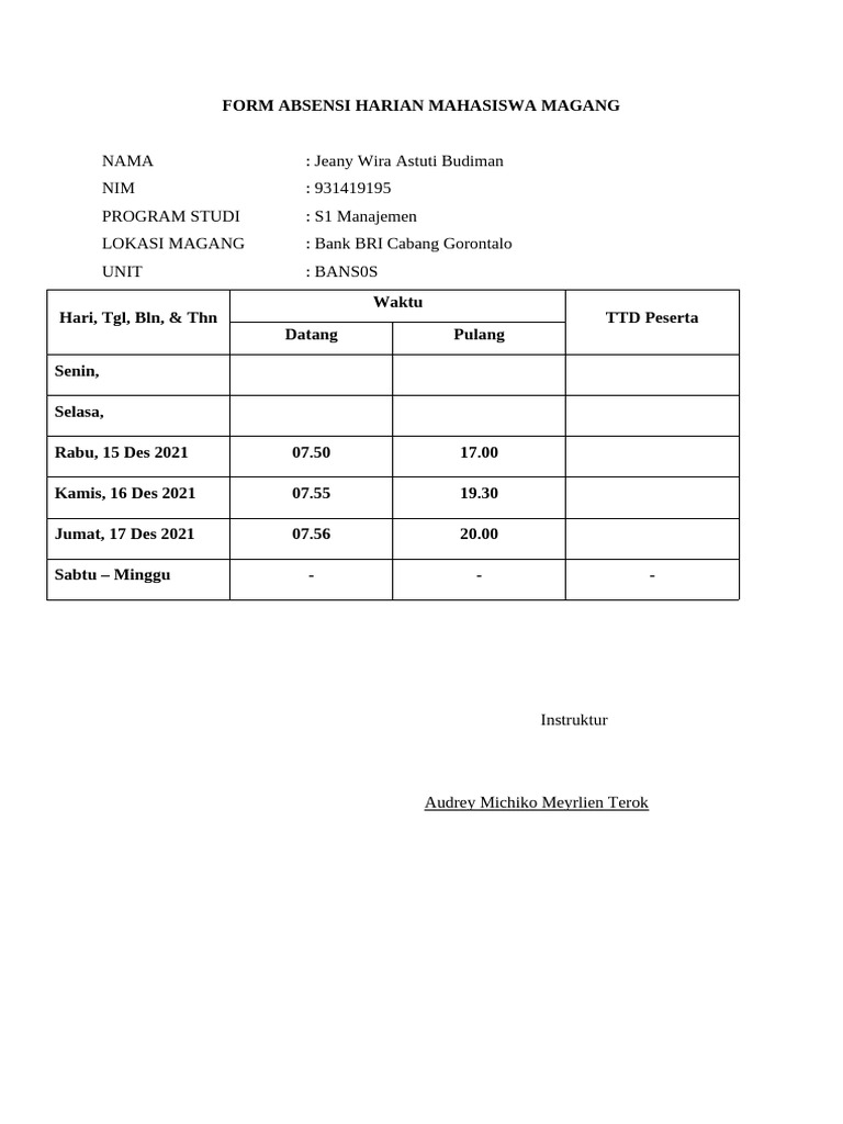 Format Absen Magang Reguler | PDF