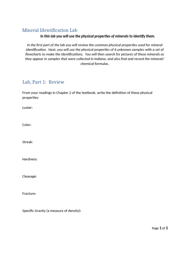 Mineral Identification Lab Directions and Answer Sheet | PDF