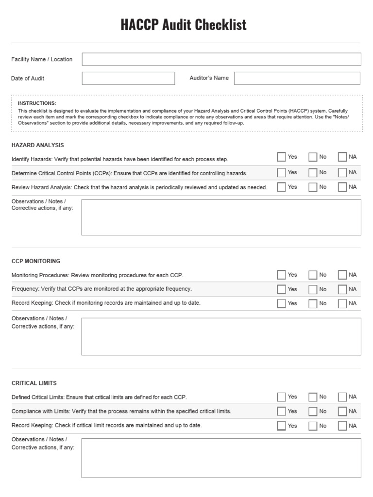 HACCP Audit Checklist | PDF