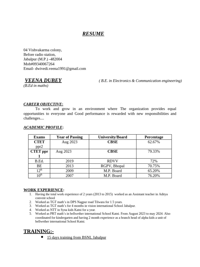 Resume Veena Dubey | PDF | Learning | Behavior Modification