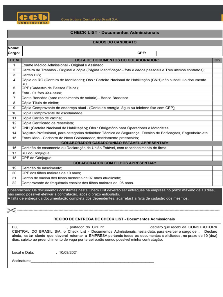 Check List - Documentos Admissionais | PDF