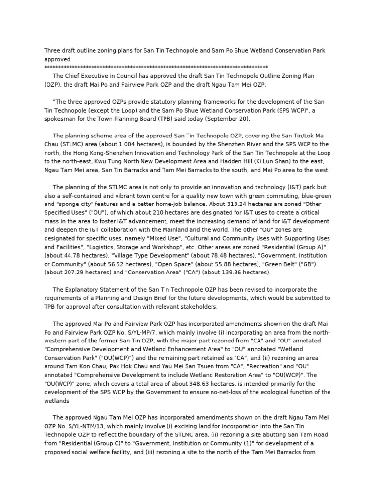 Three draft outline zoning plans for San Tin Technopole and Sam Po Shue ...