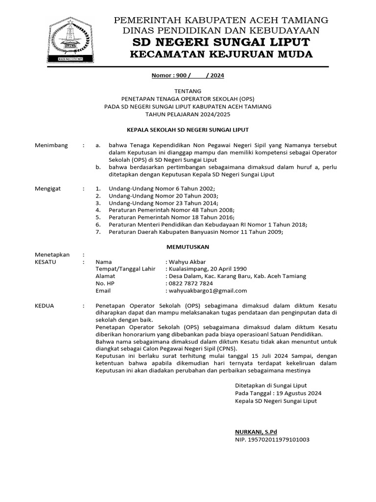 Format SK Operator Dan Permohonan Akun Dapodik | PDF