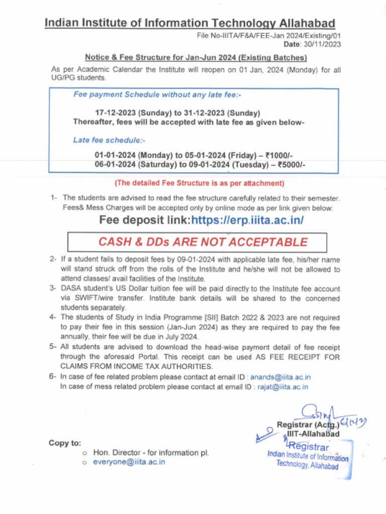 Fee Notice & Fee Structure Jan-Jun 2024 | PDF