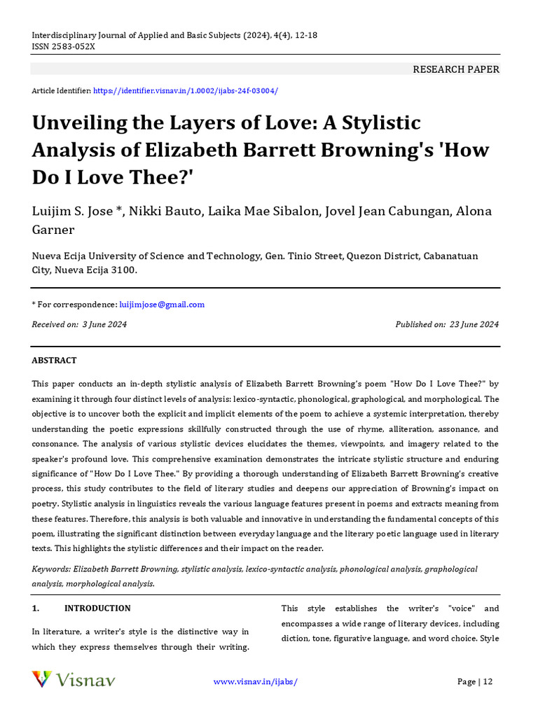 Unveiling The Layers of Love A Stylistic Analysis of Elizabeth Barrett ...