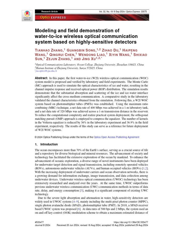 Modeling and Field Demonstration of Water-To-Ice Wireless Optical Communication System Based On ...