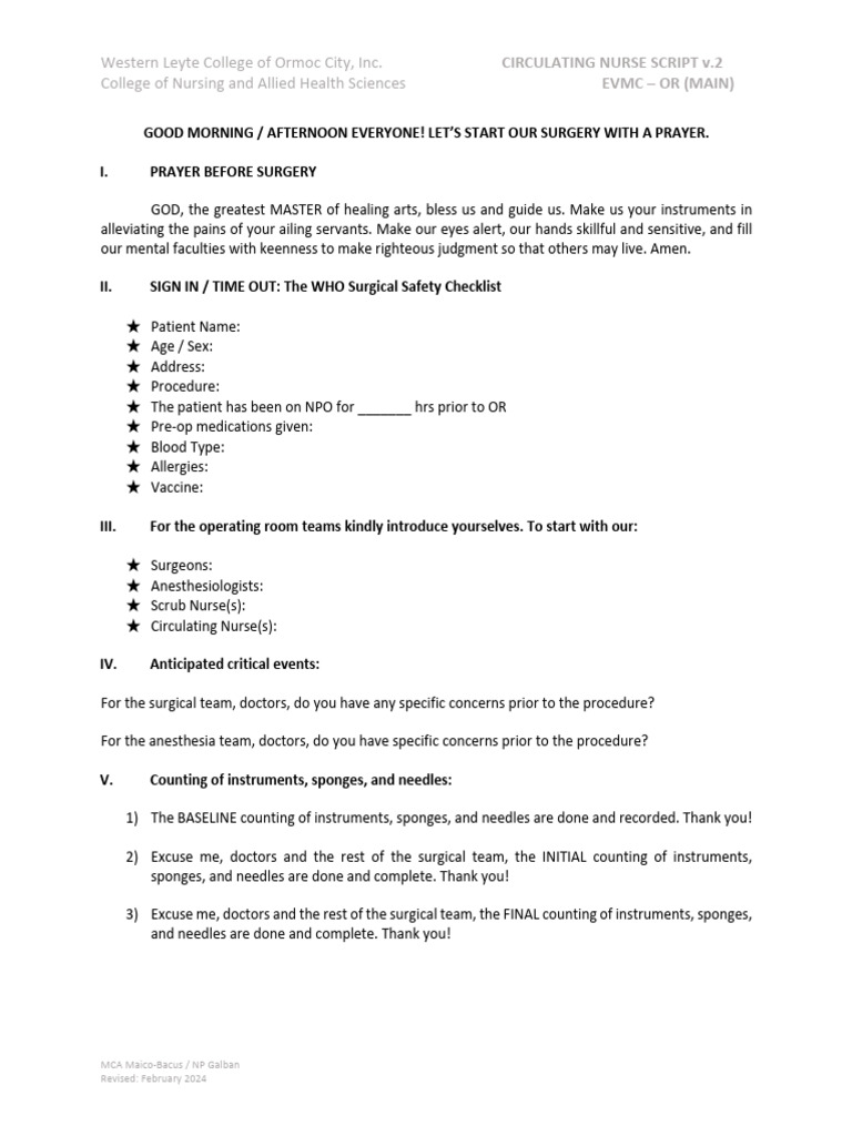OR - Circulating Nurse Script EVMC | PDF