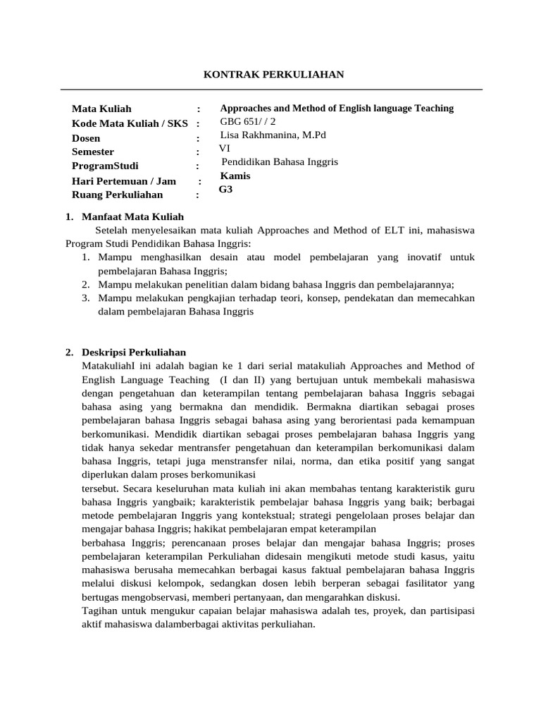Perangkat Mengajar MK Approaches & Method in Elt | PDF