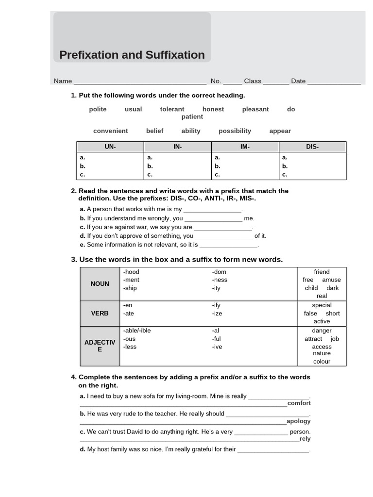 Prefixation and Suffixation Worksheet | PDF