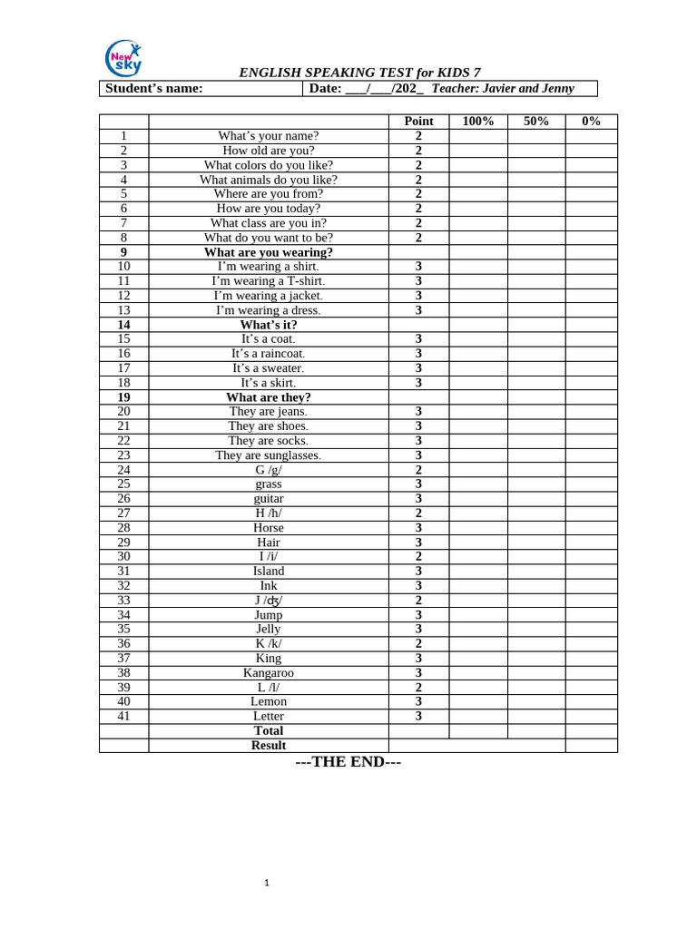 Kid 7 2 Speaking Test Pdf