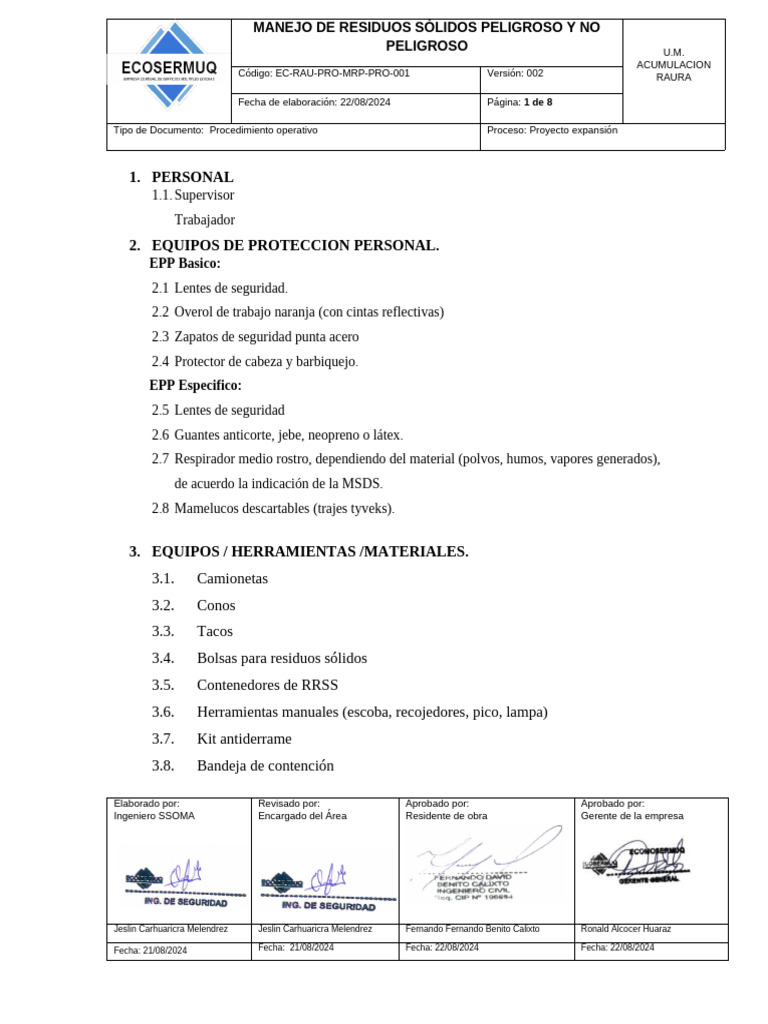 Ec-Rau-Pro-Mrp-Pro-001 Manejo de Residuos Sólidos Peligroso y No ...