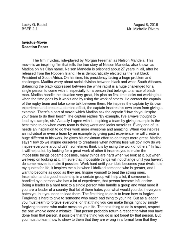 Invictus Reaction Paper | PDF