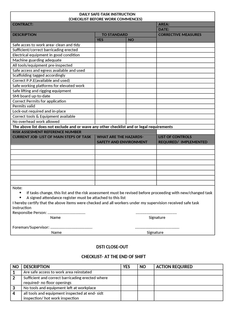 Daily Safe Task Instruction | PDF