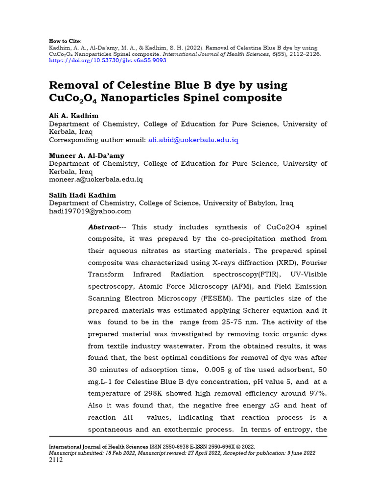 Removal of Celestine Blue B Dye by Using CuCo2O4 Nanoparticles Spinel Composite | PDF ...