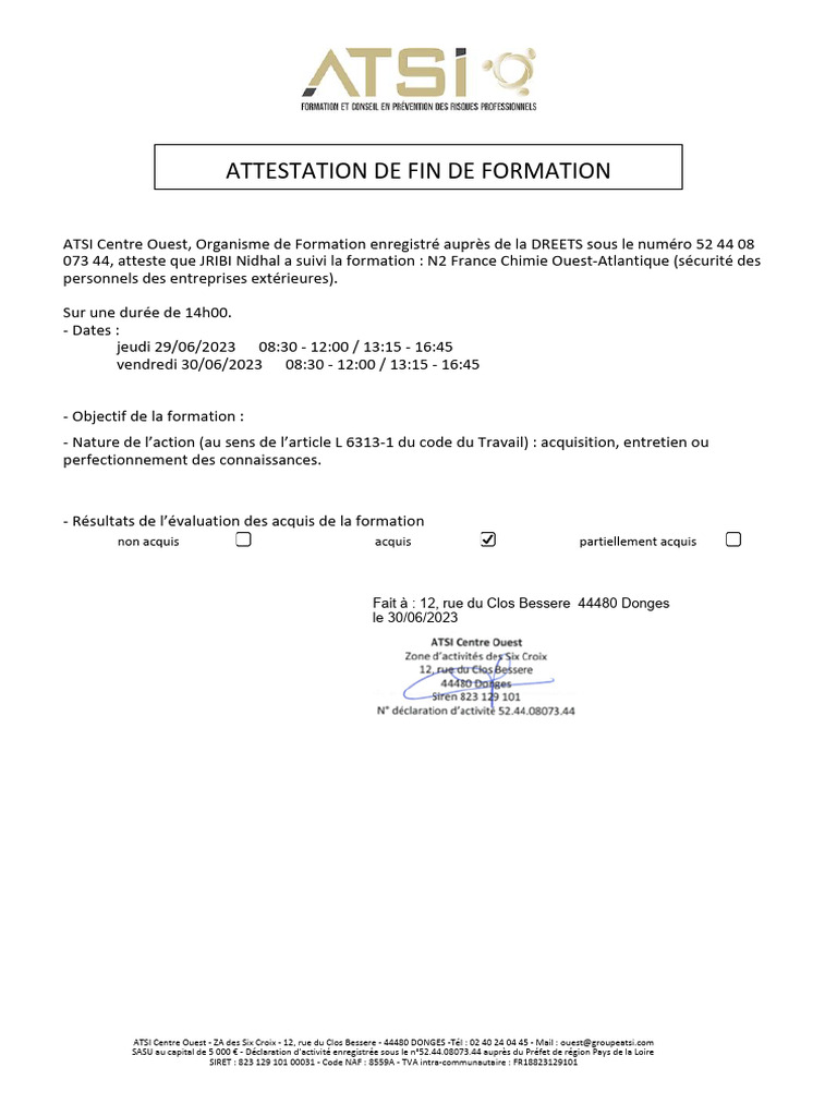 Attestation Fin de Formation | PDF