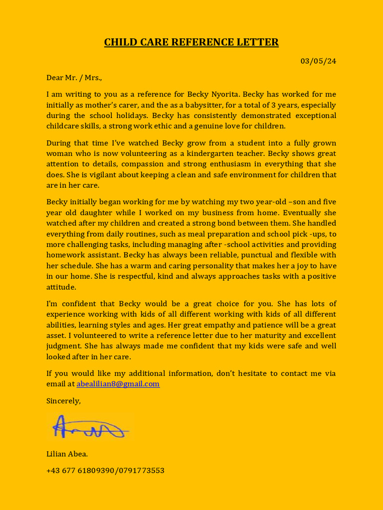 Child Care Reference Letter-1 | PDF