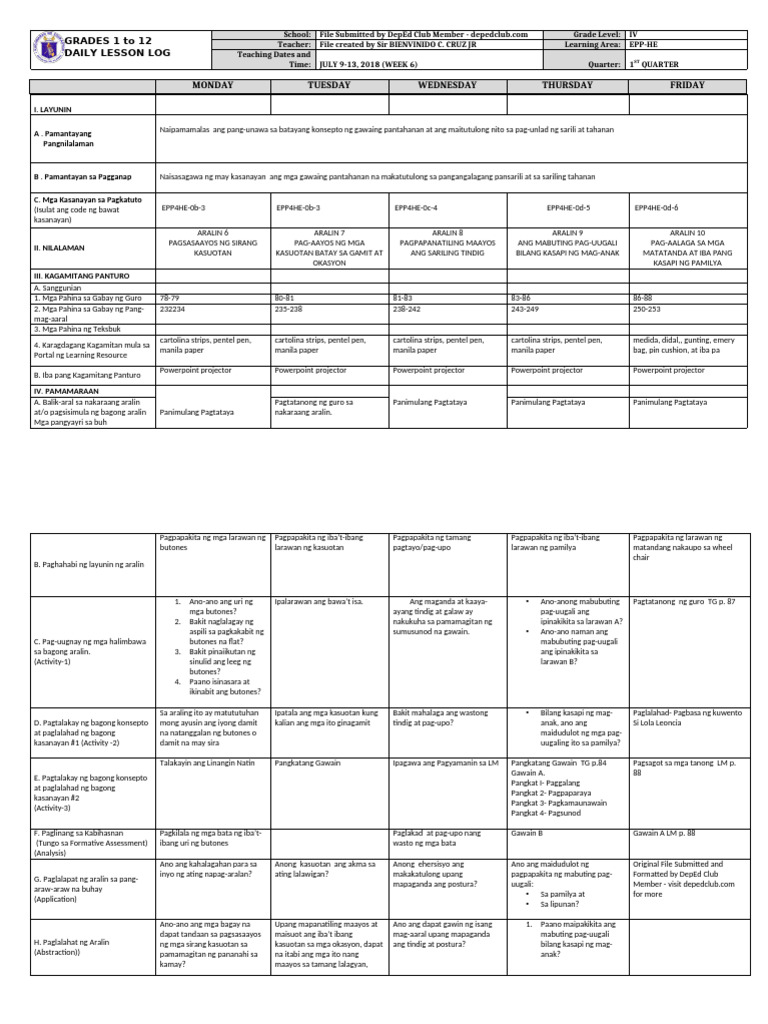 Dll Epp-he 4 q1 w6 | PDF