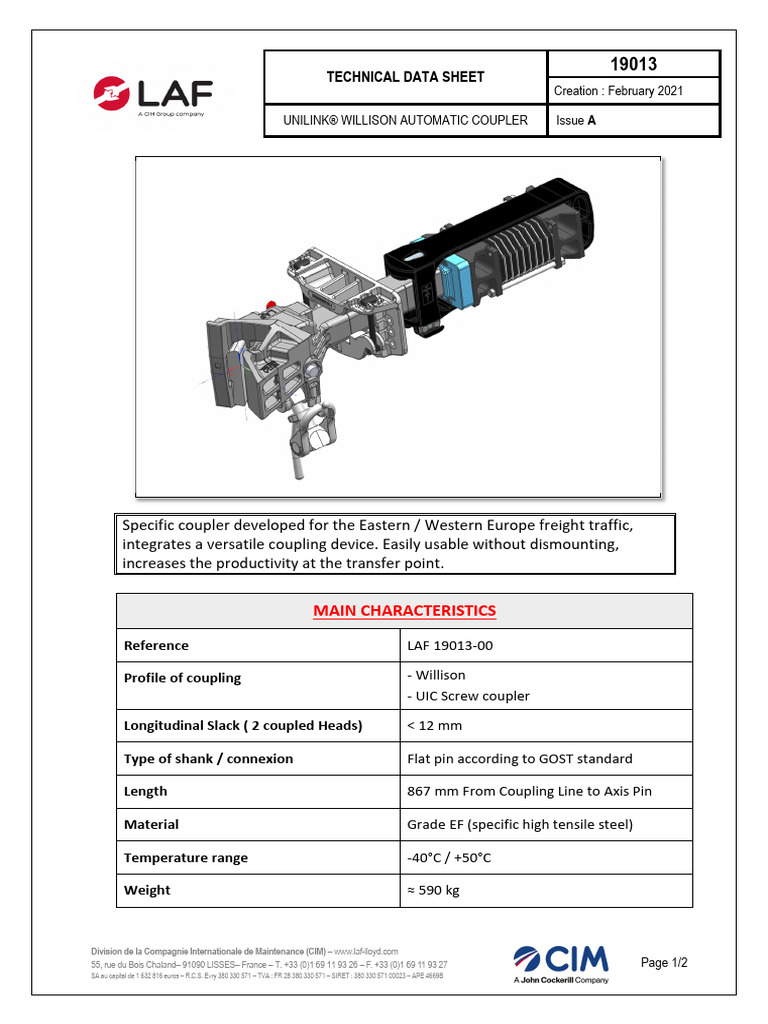 Technical Data Sheet - Unilink Willison Automatic Coupler 19013 | PDF