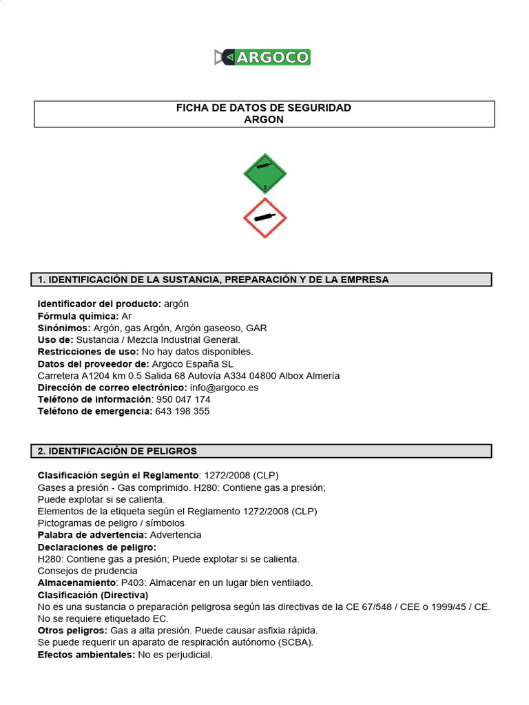 HOJA MSDS-ARGÓN | PDF