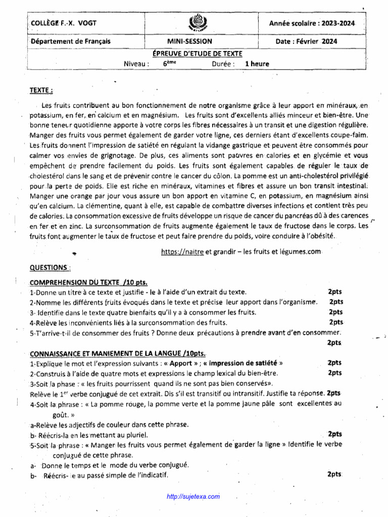 Epreuve Etude de Texte 6ème College Francois X. V Mini Controle 02 2024 ...