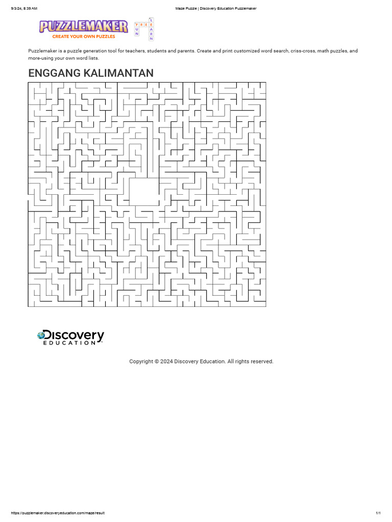 Maze Puzzle - Discovery Education Puzzlemaker | PDF
