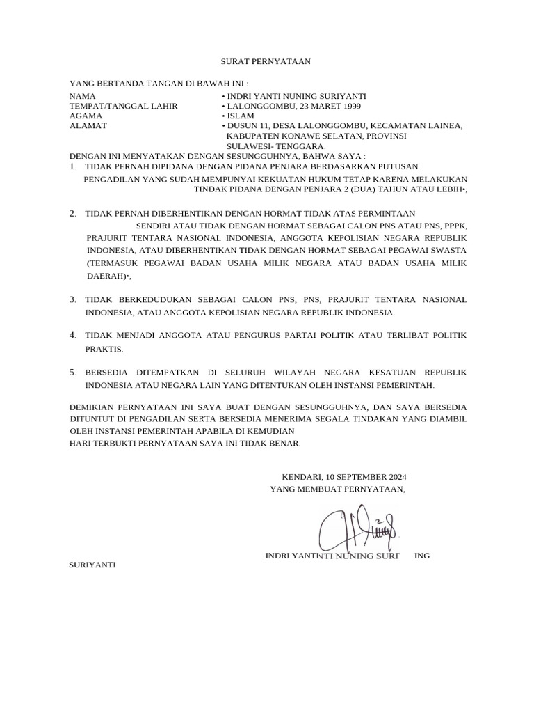 Surat Pernyataan Indri | PDF