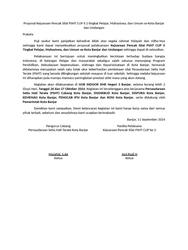 Proposal Kejuaraan Pencak Silat PSHT CUP Ke | PDF