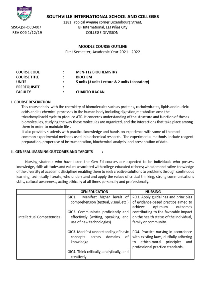 Course Outline For Biochemistry | PDF